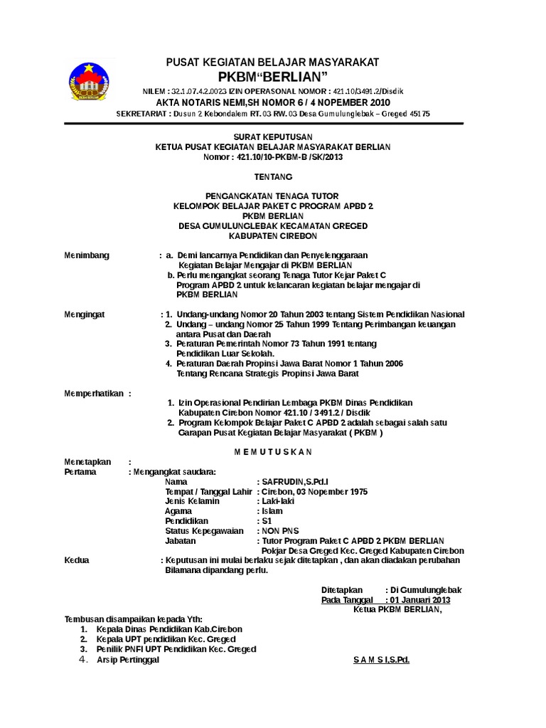 Contoh SK PKBM | PDF