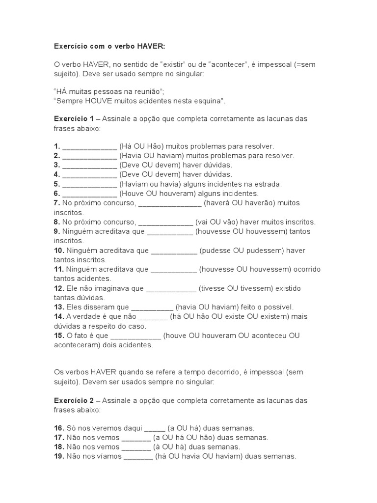 Exercícios sobre o verbo haver | PDF