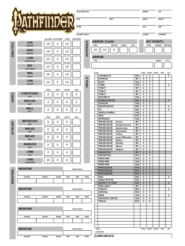 Pathfinder Character Sheet | PDF | Role Playing Games | Leisure