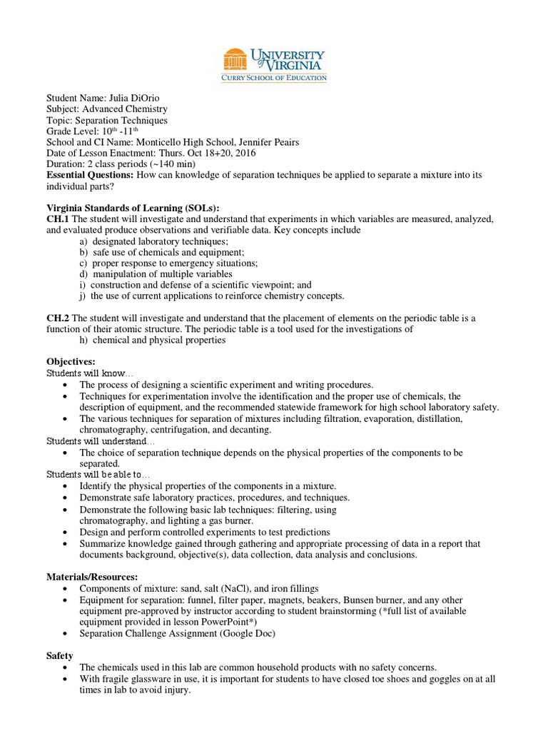 Separation Challenge Lesson Plan | PDF | Laboratories | Experiment