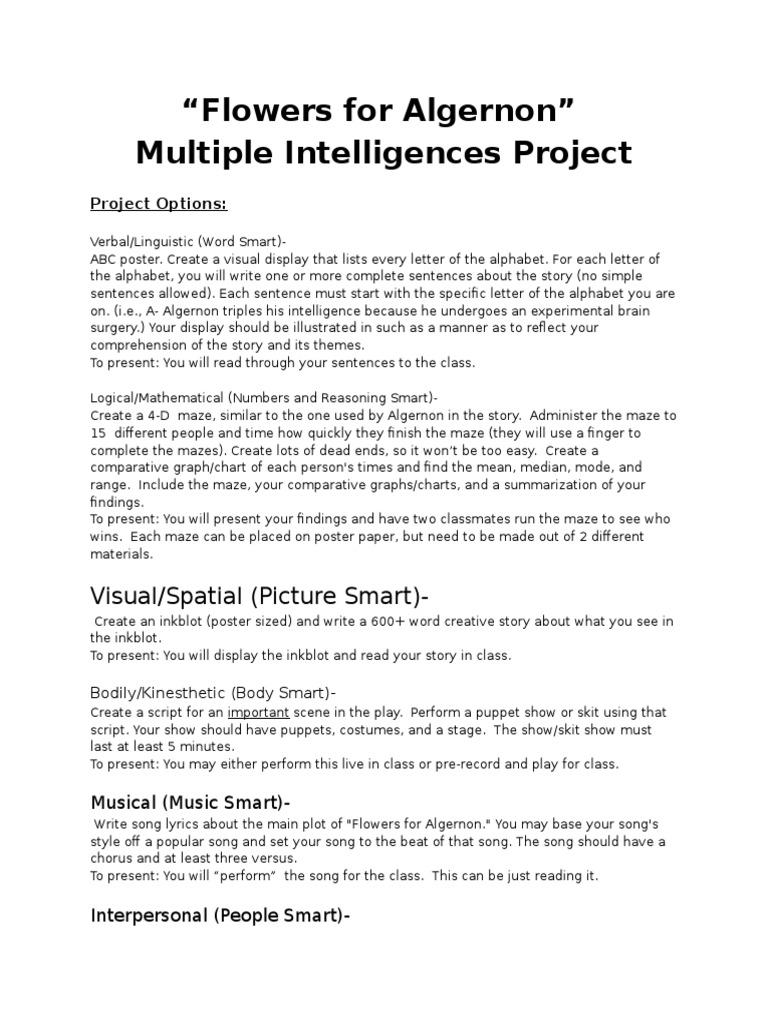 Flowers For Algernon Multiple Intelligences Project | PDF | Maze ...