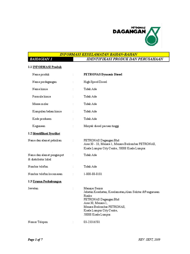 MSDS Dynamic Diesel - Petronas | PDF