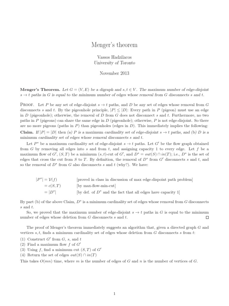 Menger's Theorem: Vassos Hadzilacos University of Toronto | PDF