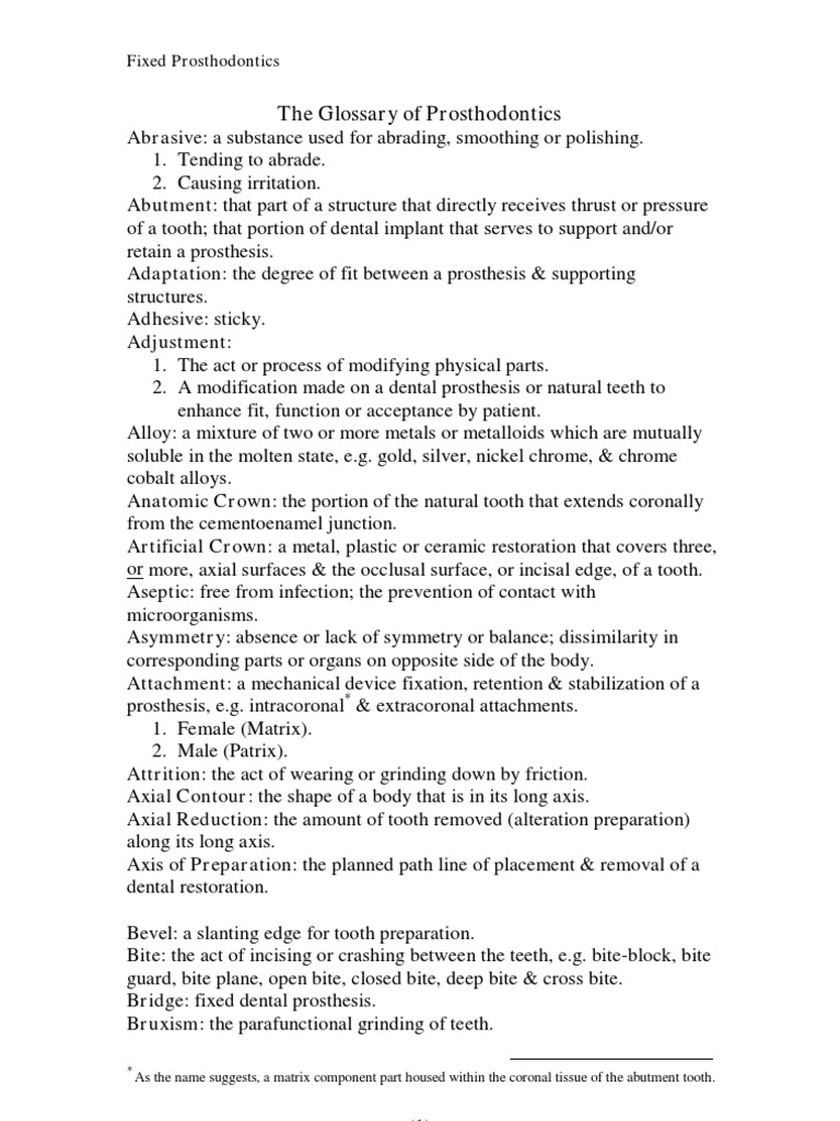 Fixed Prosthodontics I - Lecture 1 - Glossary of Prosthodontics | PDF ...