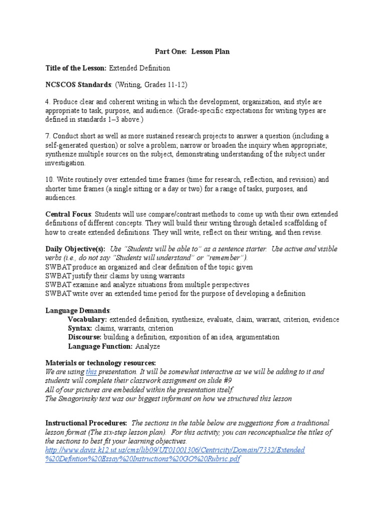 Extende Defintion Lesson Plan | PDF | Subject (Grammar) | Lesson Plan