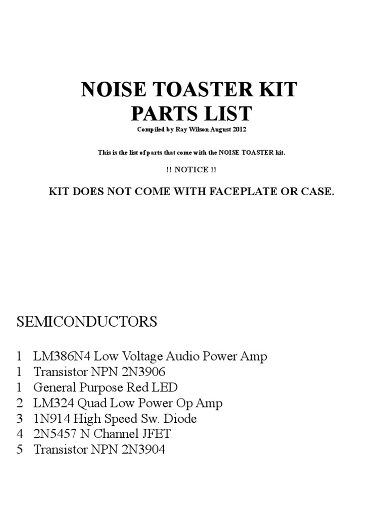 Niose Toaster Kit Parts List | PDF