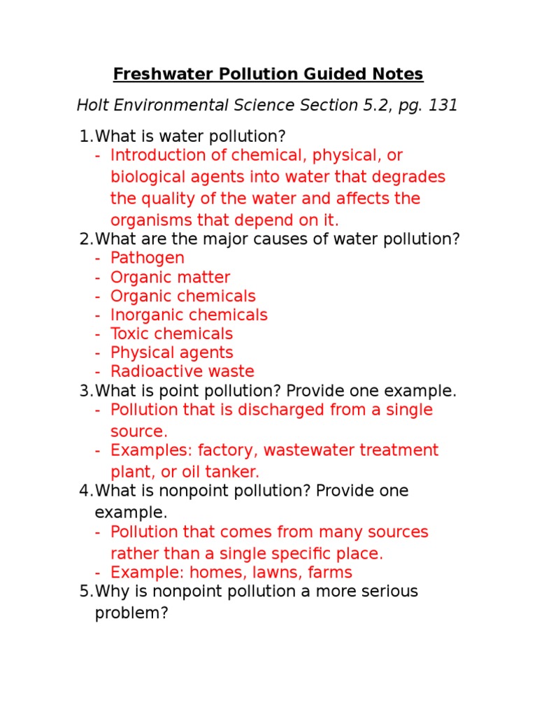 Freshwater Pollution Guided Notes | PDF | Water Pollution | Wastewater