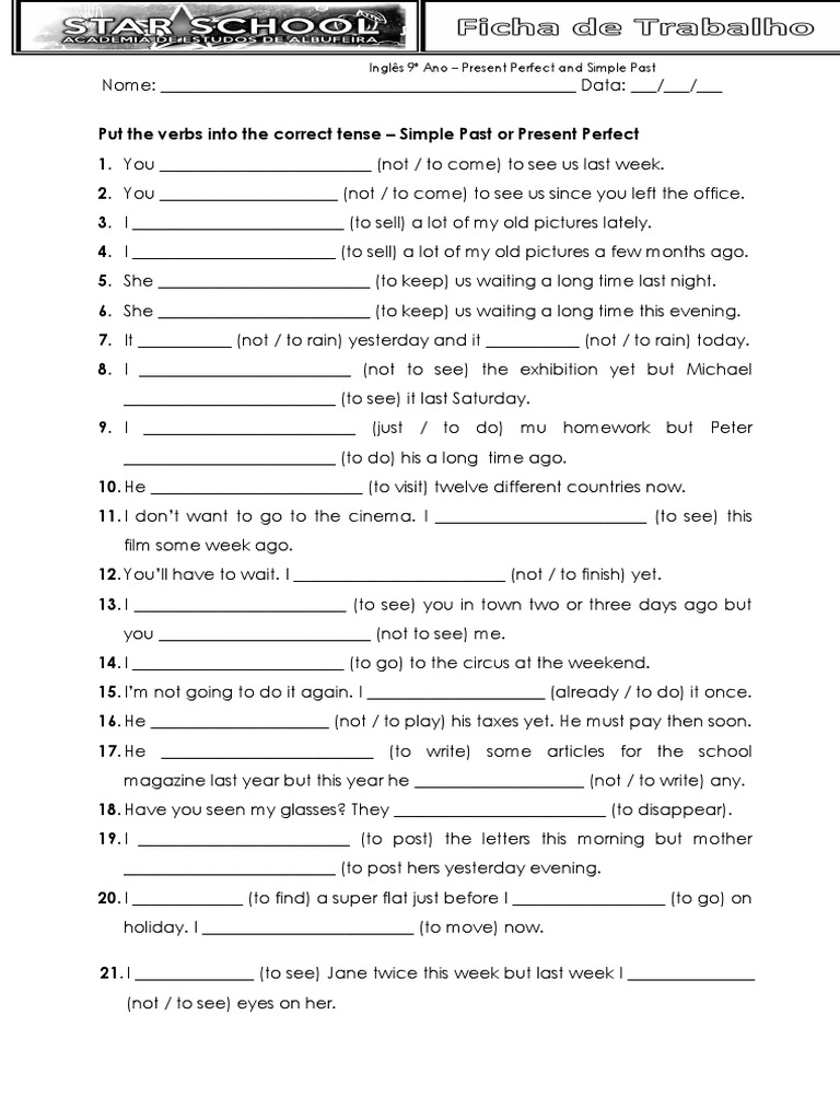 1.3 Ficha de Trabalho - Present Perfect and Past Simple 2