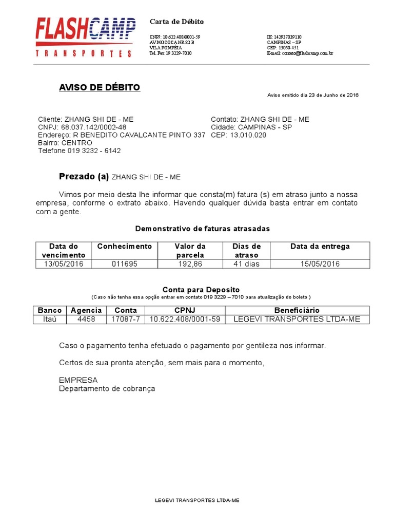 Carta de Débitos | PDF | Negócios | Finanças e Administração de Capital