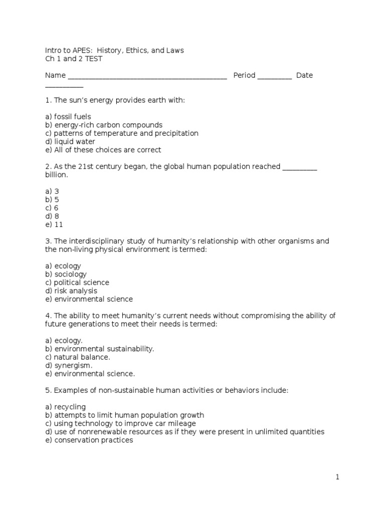 CH 1 2 Take Home Test Apes | PDF | Resource | Clean Air Act (United States)