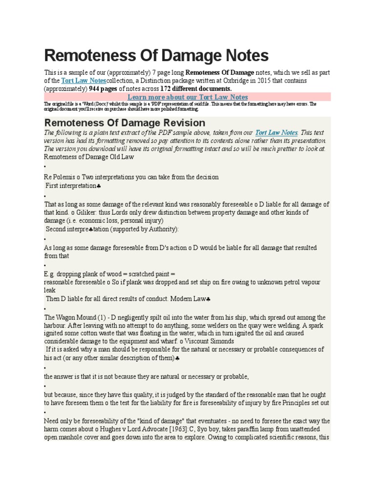 Remoteness of Damage Notes | PDF | Tort | Negligence