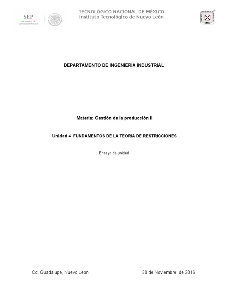 Ensayo Unidad 4 FUNDAMENTOS DE LA TEORIA DE RESTRICCIONES | PDF | Competitividad | Logística