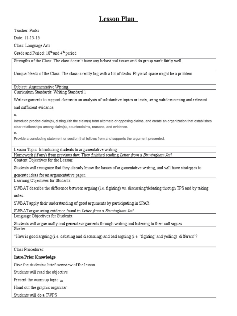 Spar Lesson Plan | PDF | Lesson Plan | Argument