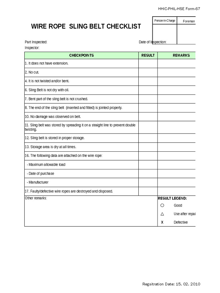 Sling Belt & Wire Rope Inspection Checklist | PDF