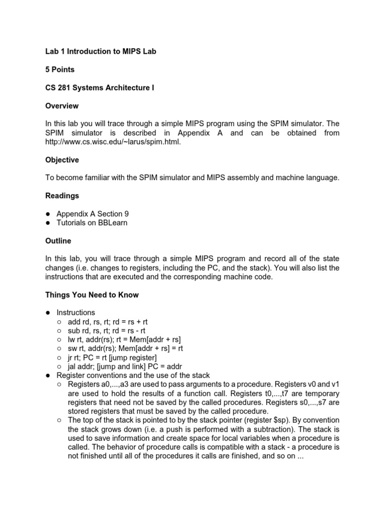 Lab 1 Introduction To MIPS Lab | PDF | Subroutine | Command Line Interface Lab 1 Introduction To MIPS Lab | PDF | Subroutine | Command Line Interface