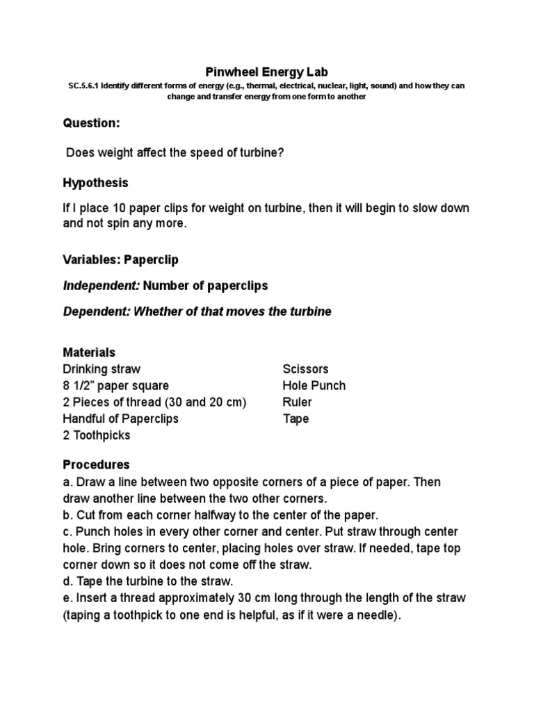 Energy Experiment for 5th Graders | PDF | Science & Mathematics
