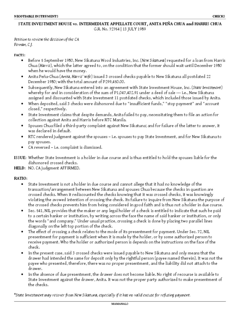 State Investment House vs. Chua: Check Liability | PDF | Cheque ...