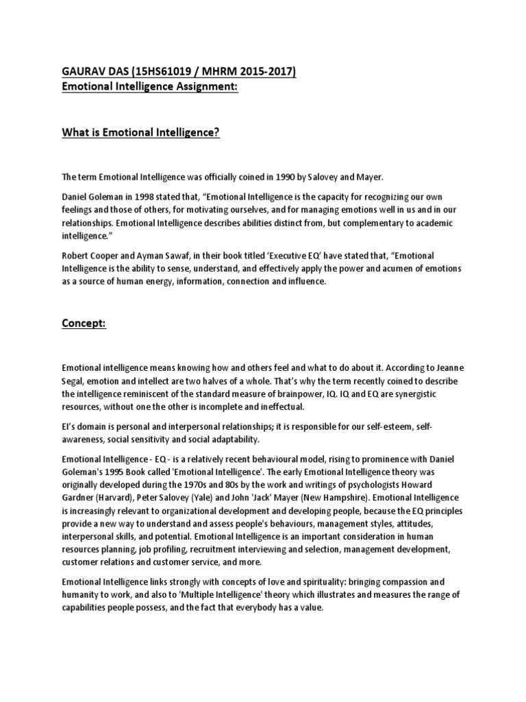 Emotional Intelligence Assignment 1 PDF | PDF