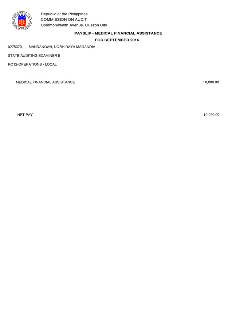 Medical Financial Assistance Payslip (September 2016) | PDF | Finance ...