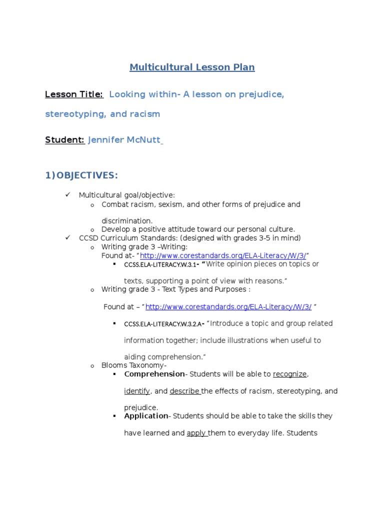 Multicultural Lesson on Prejudice | PDF | Prejudices | Lesson Plan