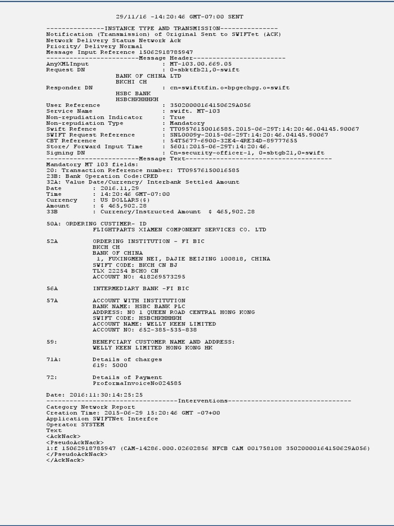 MT-103 Wire Transfer Notification | PDF