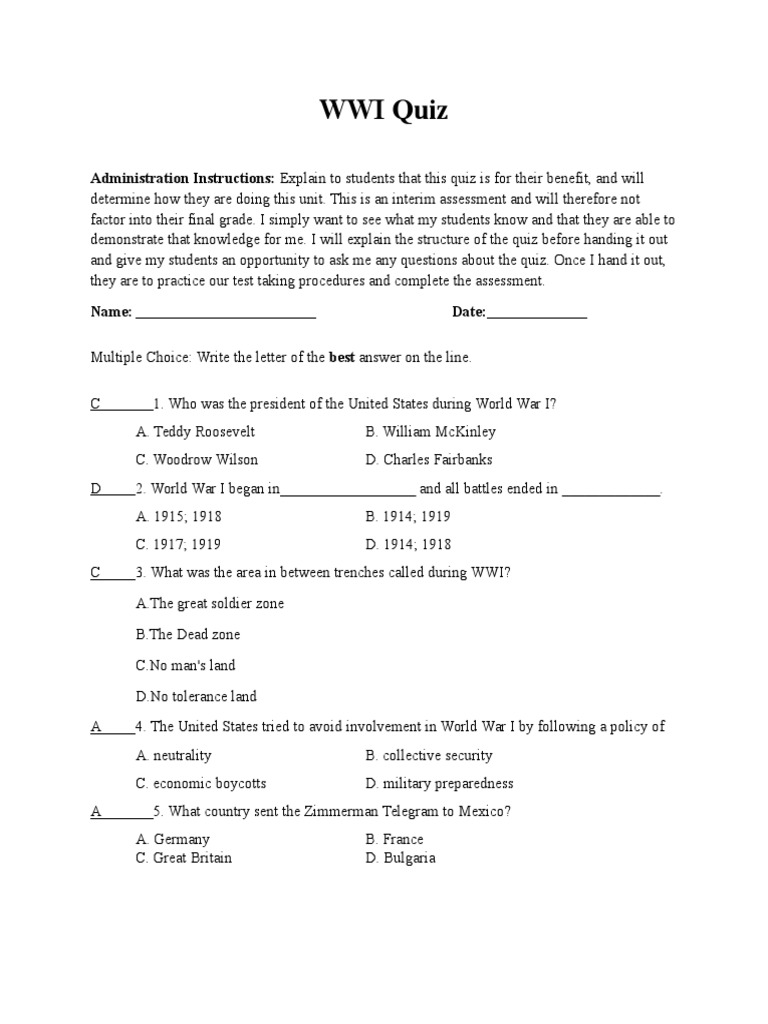 Wwi Quiz Answer Key | PDF