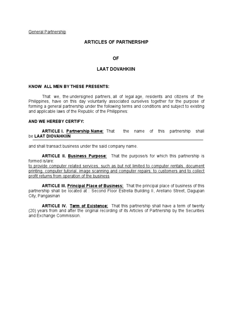Articles of Partnership For General Partnerships | PDF | Partnership ...