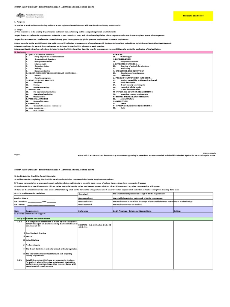 Export Meat Systems Audit Checklist | PDF | Verification And Validation ...