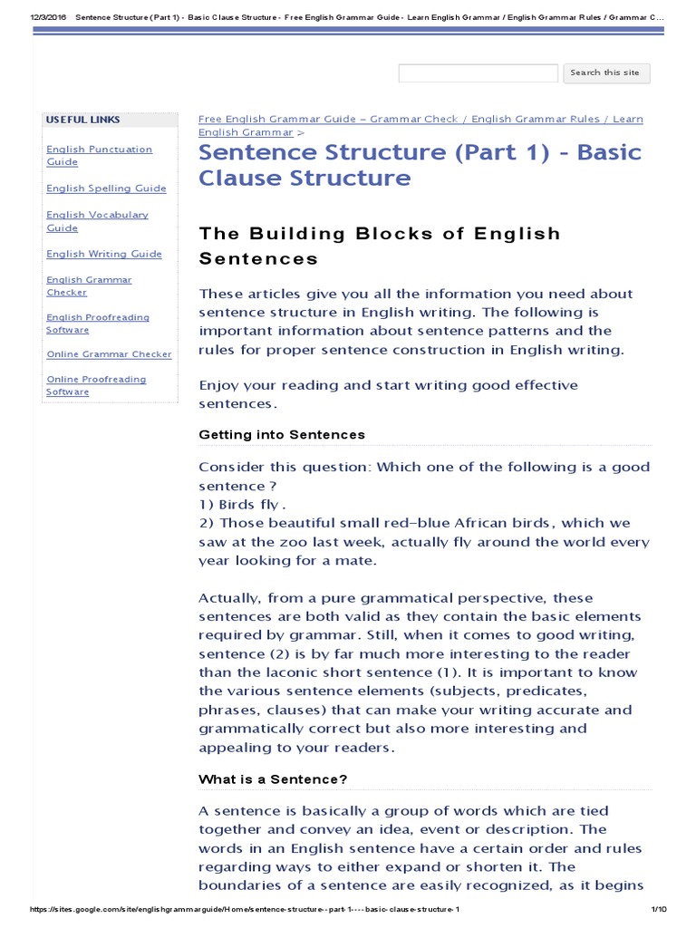 Sentence Structure (Part 1) - Basic Clause Structure - Free English Grammar Guide - Learn ...