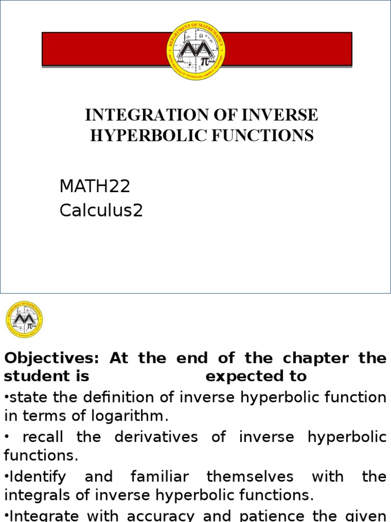 Lesson 10 Integration of Inverse Hyperbolic Function | PDF