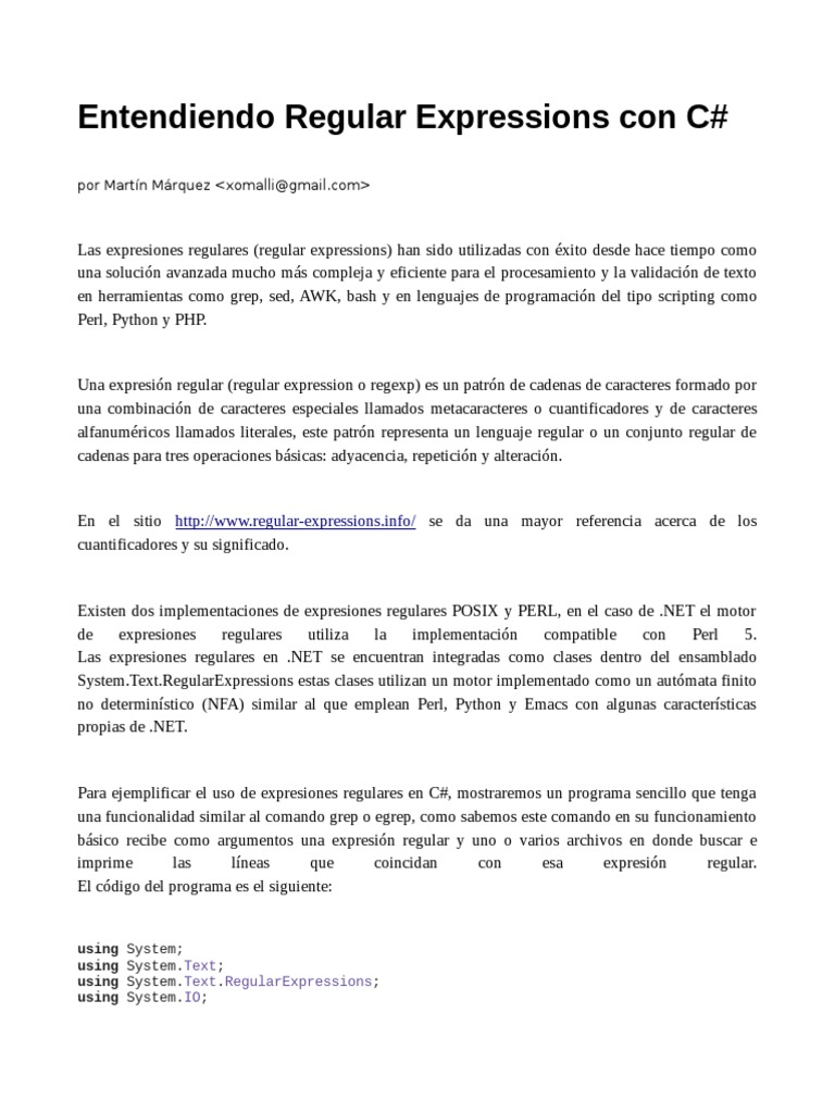 Entendiendo Regular Expressions (Expresiones Regulares) Con C# | PDF | Perl | Expresión regular