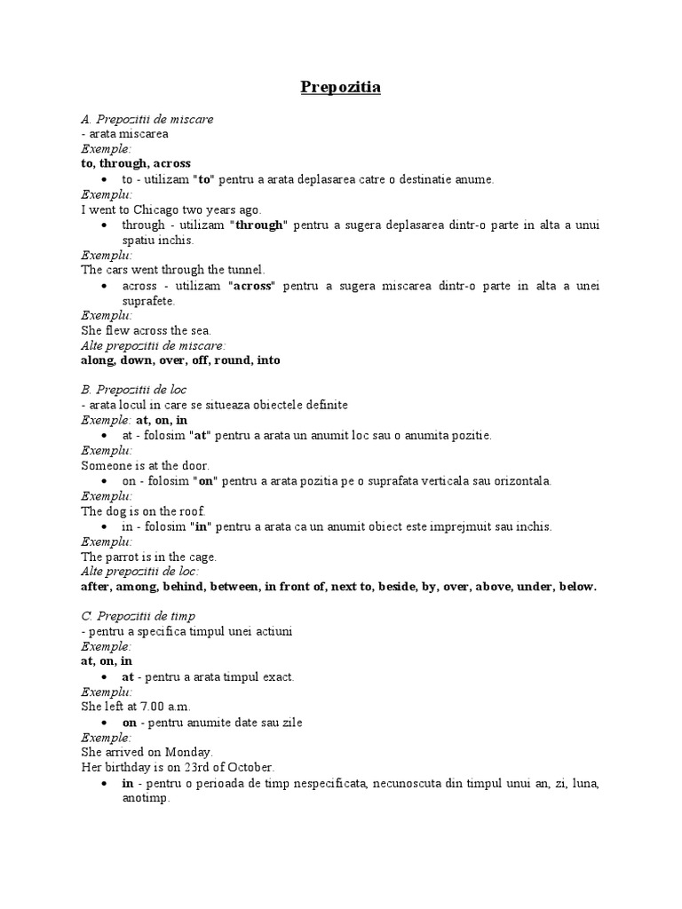Prepozitii in Engleza: Tipuri si Exercitii | PDF | Language Arts ...