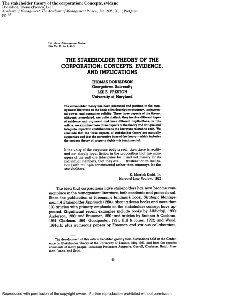 Thomas Donaldson and Lee Preston - The Stakeholder Theory of The ...