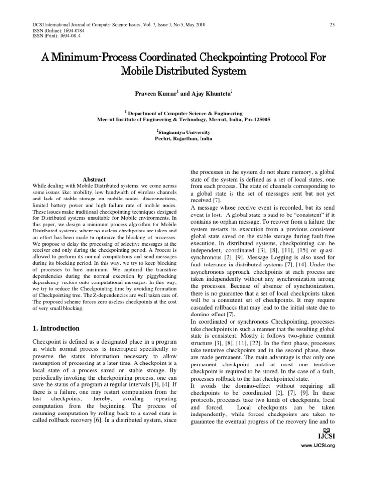 A Minimum-Process Coordinated Checkpointing Protocol For Mobile Distributed System | PDF ...
