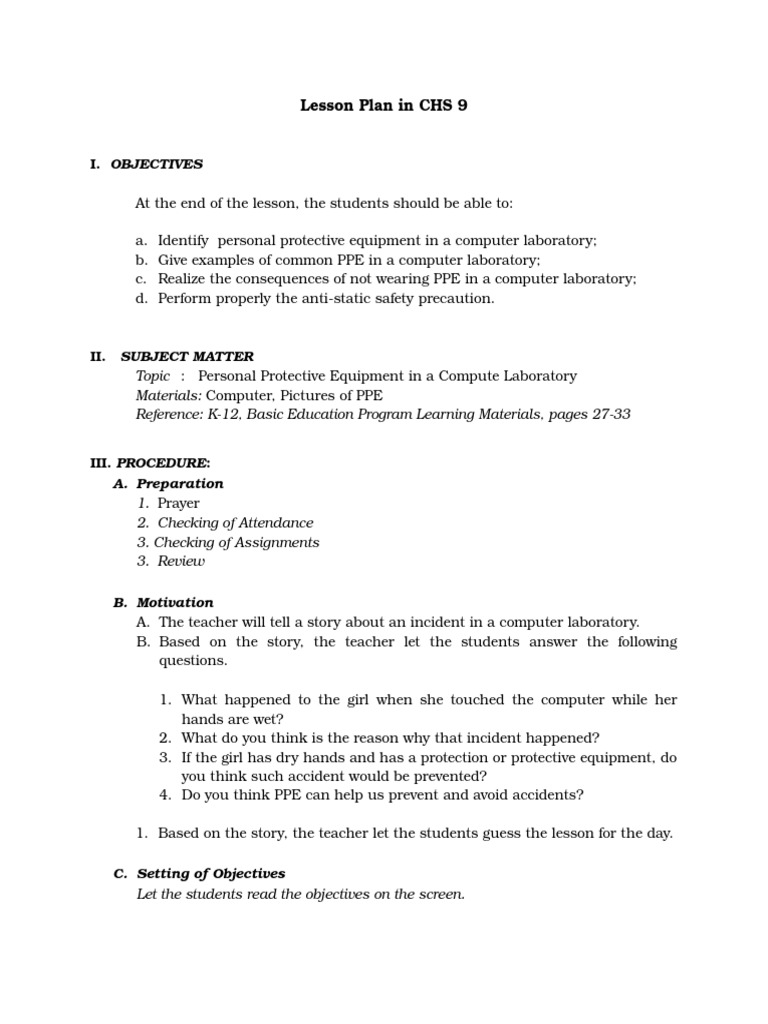 Lesson Plan in CHS 9 PPE | PDF | Lesson Plan | Personal Protective ...