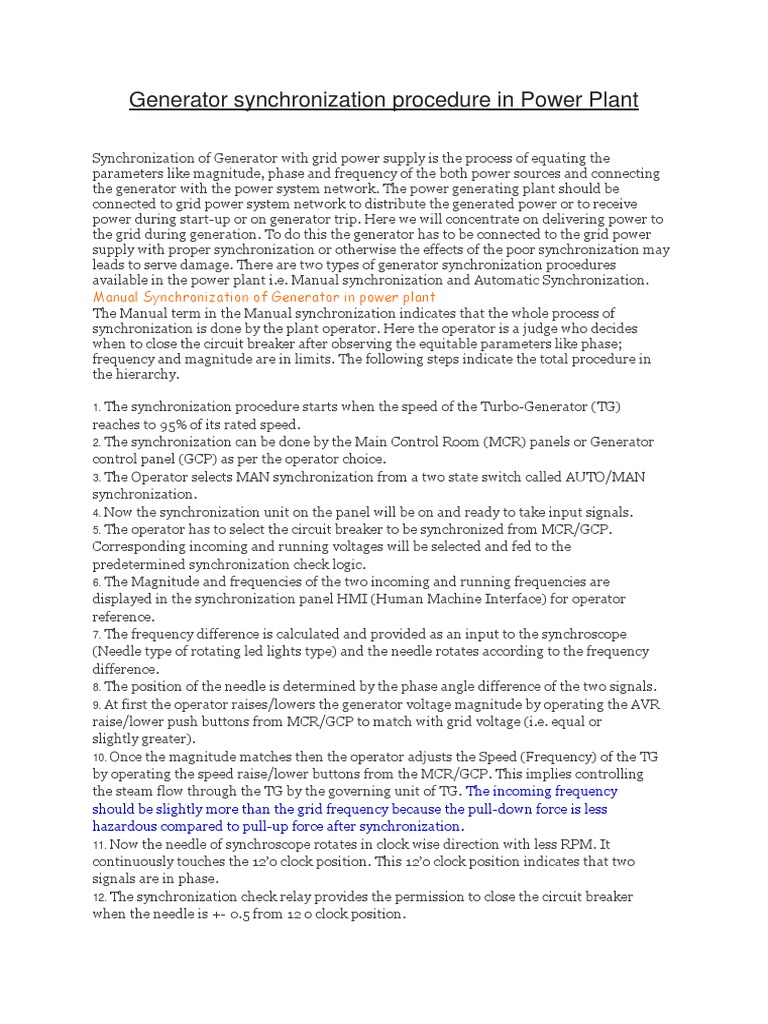 Generator Synchronization Procedure in Power Plant | PDF | Electrical ...