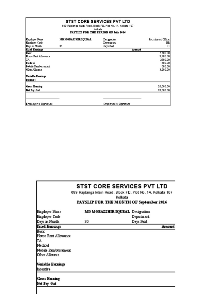 STST Core Services PVT LTD: Payslip For The Period of July 2016 | PDF