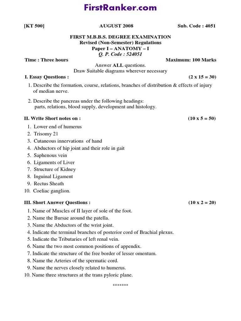 Anatomy Question Paper | PDF | Knee | Shoulder