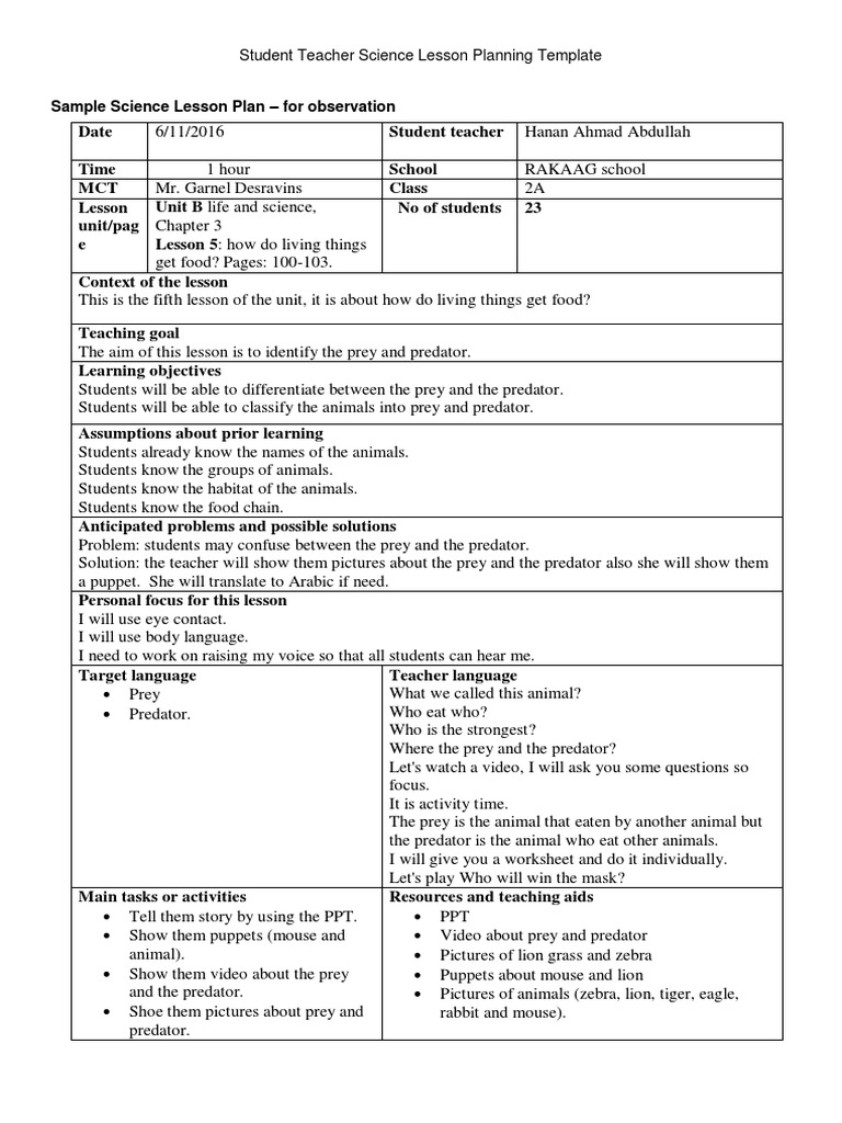 Sample Science Lesson Plan - For Observation | PDF | Predation | Lesson ...