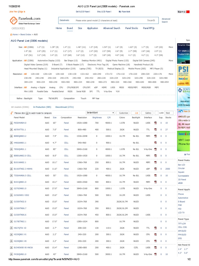 AUO LCD Panel List (3306 Models) - Panelook | PDF | Computer Monitor ...