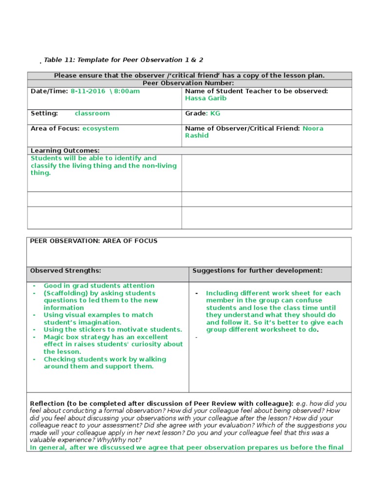 Peer Observation | PDF | Educational Assessment | Lesson Plan