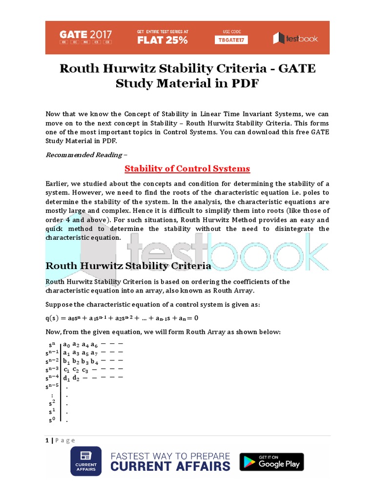 Routh Hurwitz Stability Criteria - GATE Study Material in PDF | PDF | Stability Theory | Algorithms