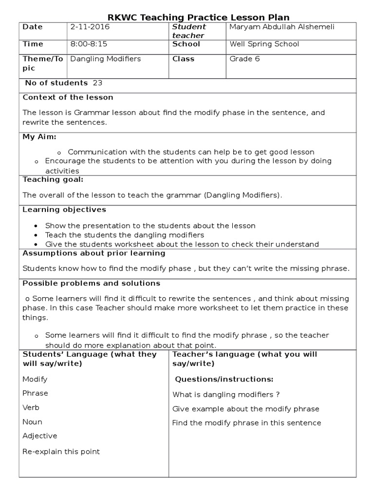 RKWC Teaching Practice Lesson Plan | PDF | Career & Growth | Language ...