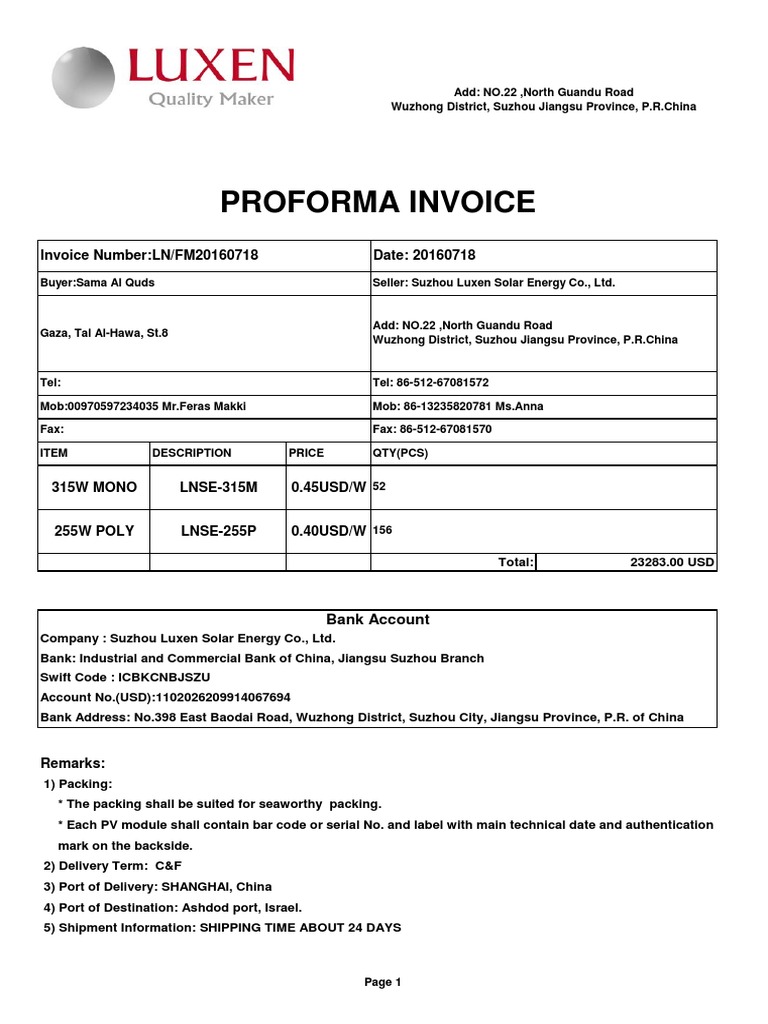 Proforma Invoice 20160718FM | PDF