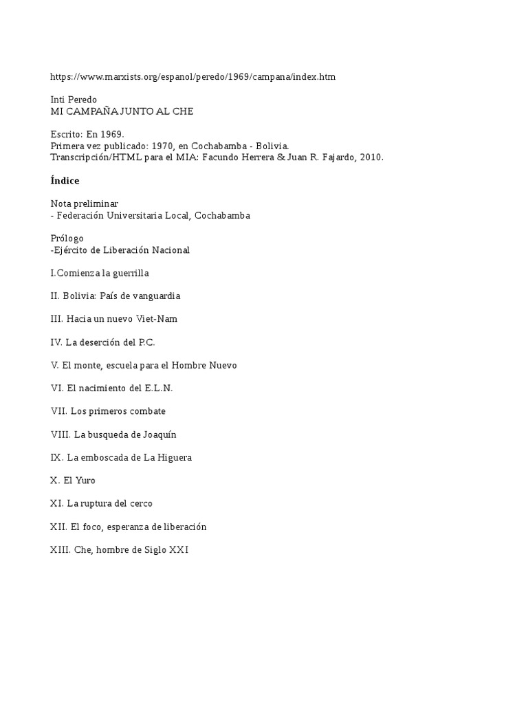 Peredo, Inti. Mi Campaña Junto Al Che | PDF | Che Guevara | Guerra de ...