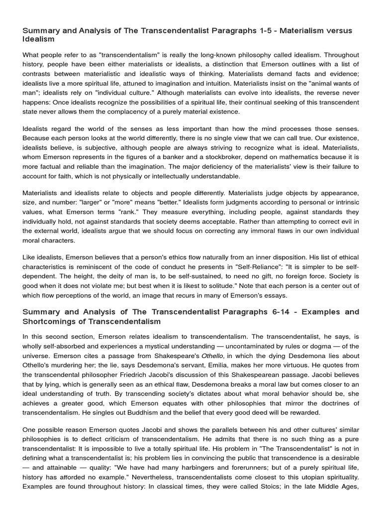 The Transcendentalist Emerson Summary Cliffnotes | PDF ...