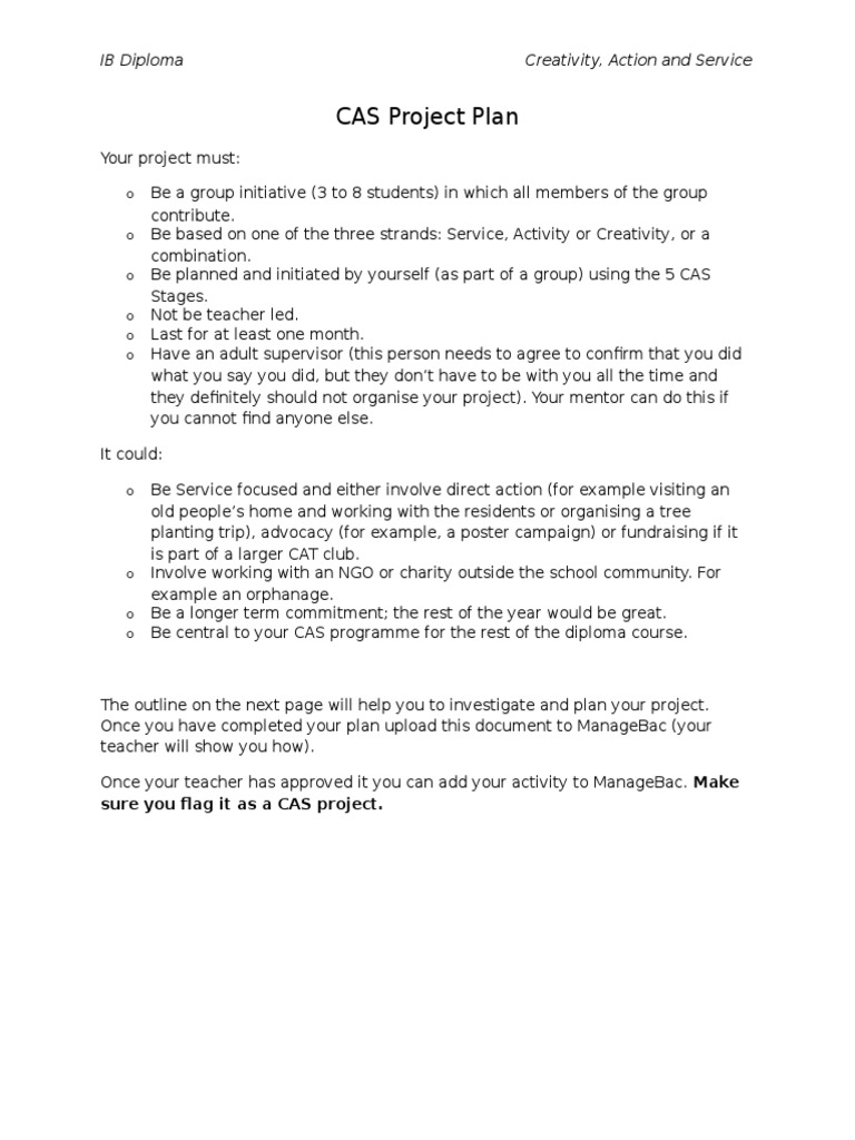 CAS Project Plan: IB Diploma Creativity, Action and Service | PDF ...