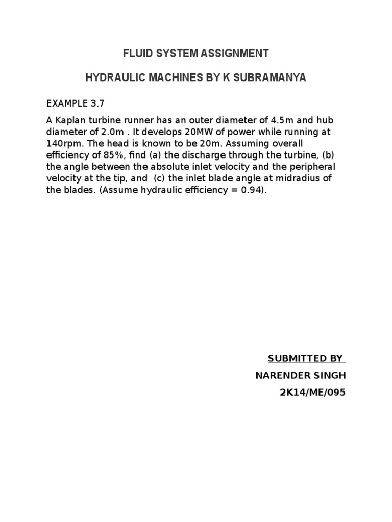 Fluid System Assignment Hydraulic Machines by K Subramanya | PDF
