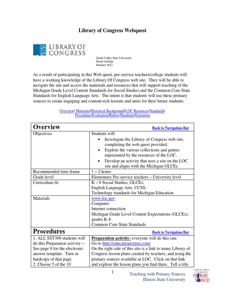 Library of Congress Webquest | PDF | Primary Sources | Lesson Plan
