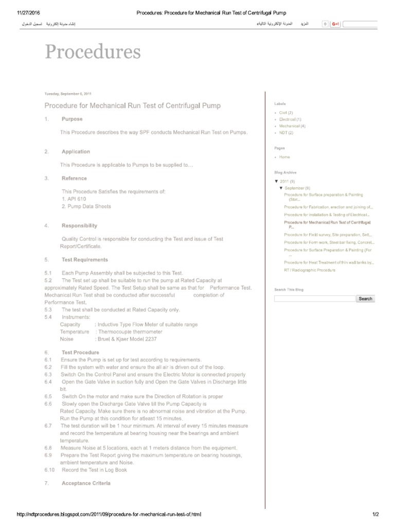 Procedures - Procedure For Mechanical Run Test of Centrifugal Pump ...